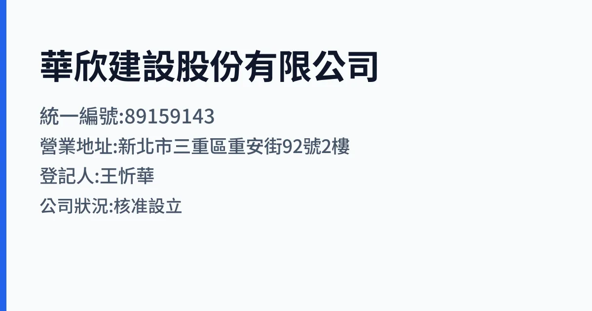 華欣建設股份有限公司 - 統編 89159143(新北市) 公司登記資料與營業項目詳細圖表