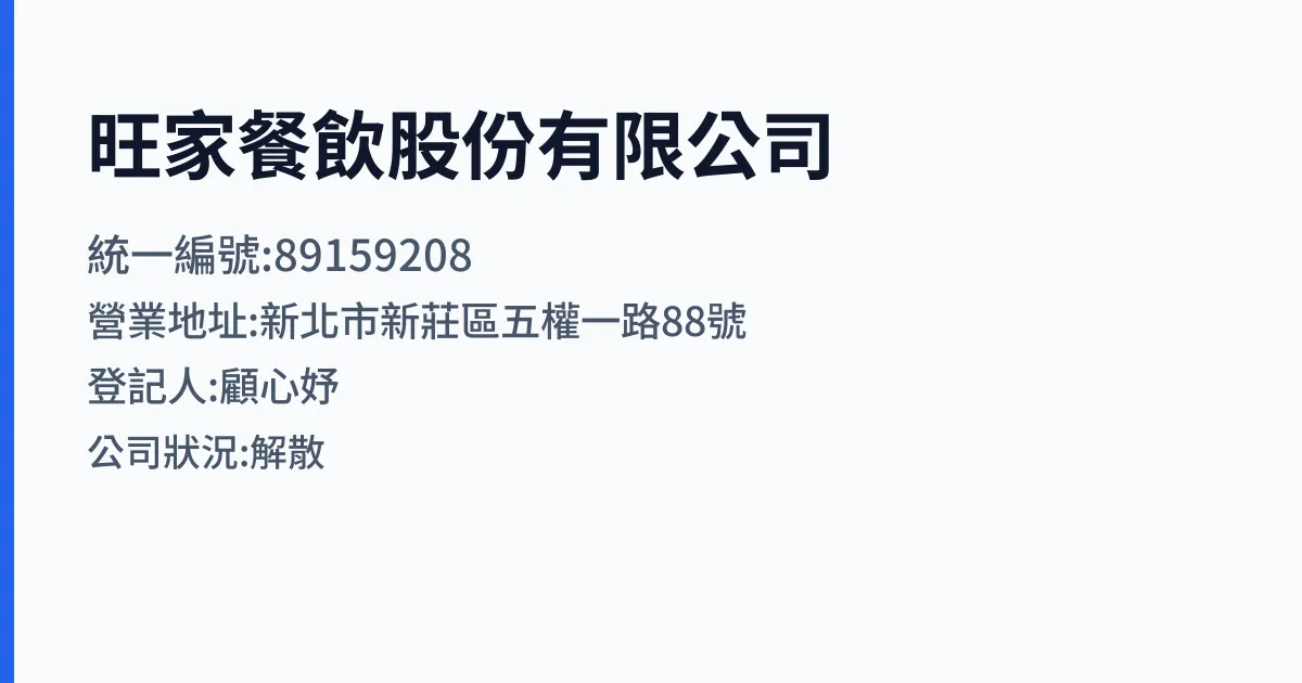 旺家餐飲股份有限公司 - 統編 89159208(新北市) 公司登記資料與營業項目詳細圖表