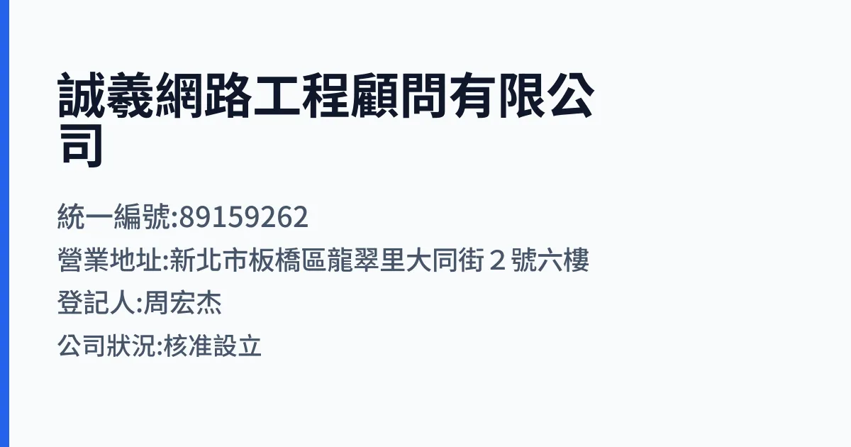 誠羲網路工程顧問有限公司 - 統編 89159262(新北市) 公司登記資料與營業項目詳細圖表