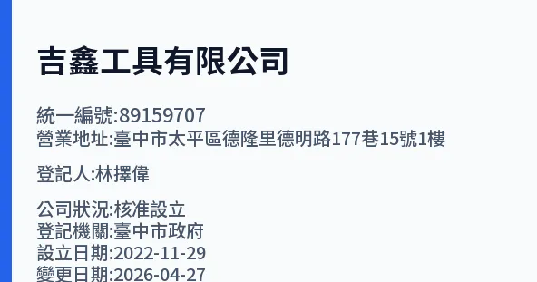 吉鑫工具有限公司的照片-統編 89159707(臺中市) 公司登記資料與營業項目詳細圖表