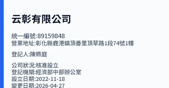 云彰有限公司的照片-統編 89159848(彰化縣) 公司登記資料與營業項目詳細圖表