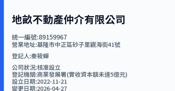 地畝不動產仲介有限公司的照片-統編 89159967(基隆市) 公司登記資料與營業項目詳細圖表
