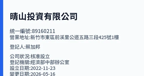 晴山投資有限公司的照片-統編 89160211(新竹市) 公司登記資料與營業項目詳細圖表