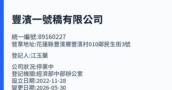 豐濱一號穚有限公司的照片-統編 89160227(花蓮縣) 公司登記資料與營業項目詳細圖表