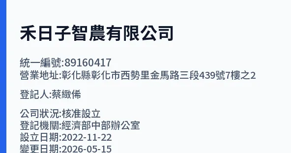 禾日子智農有限公司的照片-統編 89160417(彰化縣) 公司登記資料與營業項目詳細圖表