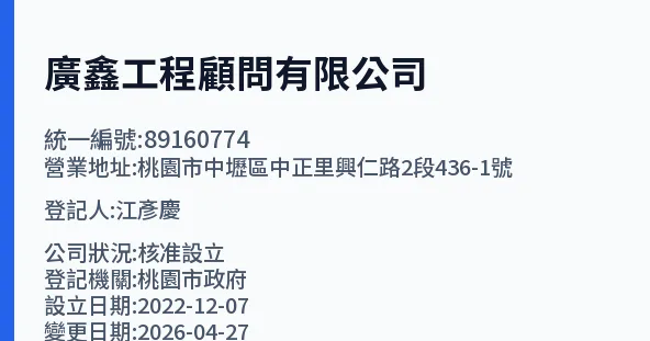 廣鑫工程顧問有限公司的照片-統編 89160774(桃園市) 公司登記資料與營業項目詳細圖表