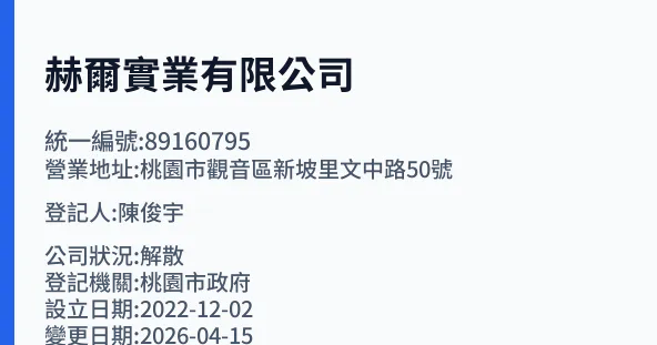 赫爾實業有限公司的照片-統編 89160795(桃園市) 公司登記資料與營業項目詳細圖表