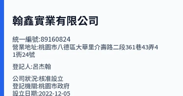 翰鑫實業有限公司的照片-統編 89160824(桃園市) 公司登記資料與營業項目詳細圖表