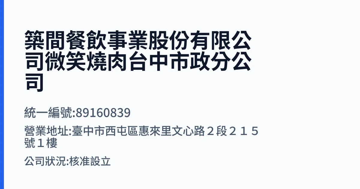 築間餐飲事業股份有限公司微笑燒肉台中市政分公司 - 統編 89160839(臺中市) 公司登記資料與營業項目詳細圖表