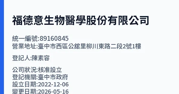 福德意生物醫學股份有限公司的照片-統編 89160845(臺中市) 公司登記資料與營業項目詳細圖表