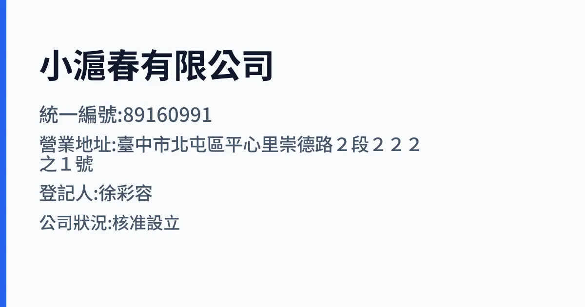 小滬春有限公司 - 統編 89160991（臺中市） 公司登記資料與營業項目詳細圖表