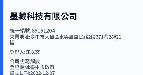 墨藏科技有限公司的照片-統編 89161204(臺中市) 公司登記資料與營業項目詳細圖表