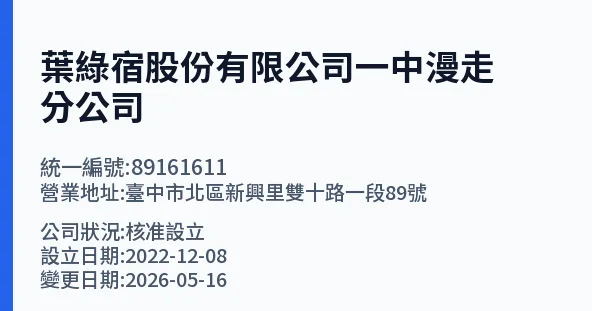 葉綠宿股份有限公司一中漫走分公司的照片-統編 89161611(臺中市) 公司登記資料與營業項目詳細圖表