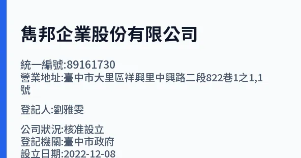 雋邦企業股份有限公司的照片-統編 89161730(臺中市) 公司登記資料與營業項目詳細圖表