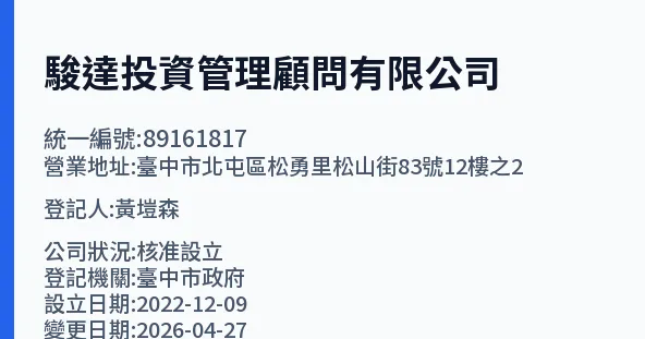 駿達投資管理顧問有限公司的照片-統編 89161817(臺中市) 公司登記資料與營業項目詳細圖表
