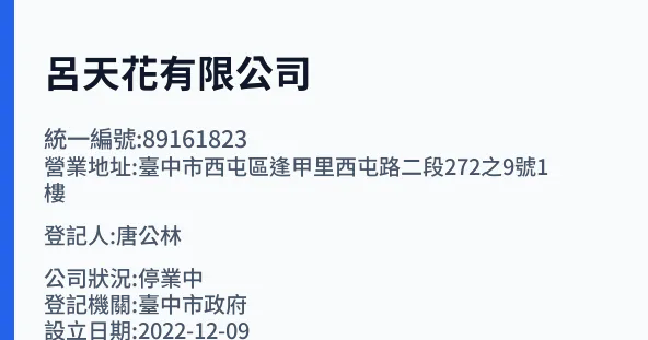 呂天花有限公司的照片-統編 89161823(臺中市) 公司登記資料與營業項目詳細圖表