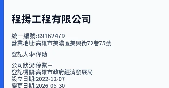 程揚工程有限公司的照片-統編 89162479(高雄市) 公司登記資料與營業項目詳細圖表