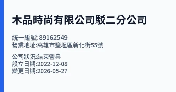 木品時尚有限公司駁二分公司的照片-統編 89162549(高雄市) 公司登記資料與營業項目詳細圖表