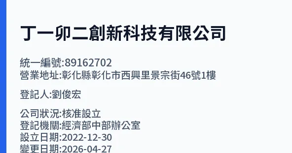 丁一卯二創新科技有限公司的照片-統編 89162702(彰化縣) 公司登記資料與營業項目詳細圖表