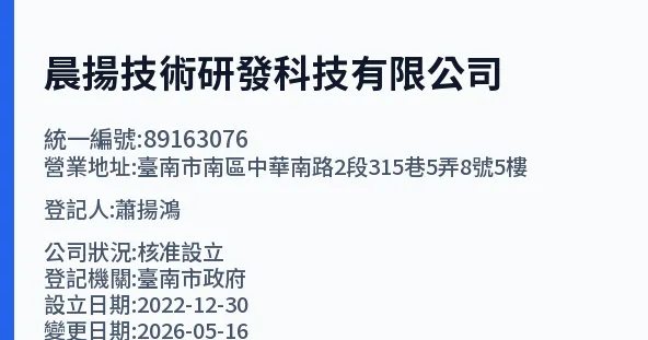 晨揚技術研發科技有限公司的照片-統編 89163076(臺南市) 公司登記資料與營業項目詳細圖表