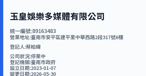 玉皇娛樂多媒體有限公司的照片-統編 89163483(臺南市) 公司登記資料與營業項目詳細圖表