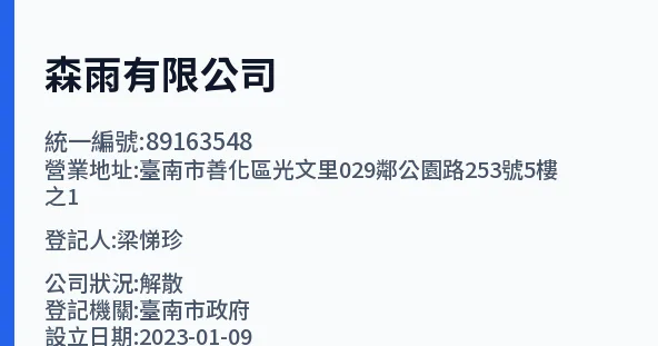 森雨有限公司的照片-統編 89163548(臺南市) 公司登記資料與營業項目詳細圖表