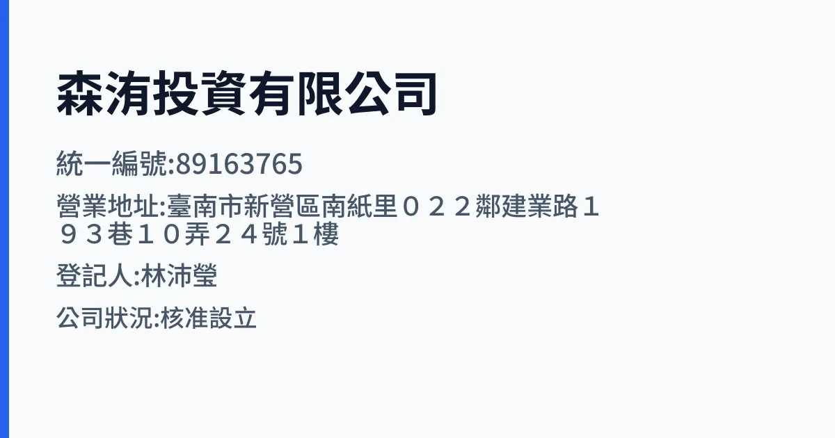 森洧投資有限公司 - 統編 89163765(臺南市) 公司登記資料與營業項目詳細圖表
