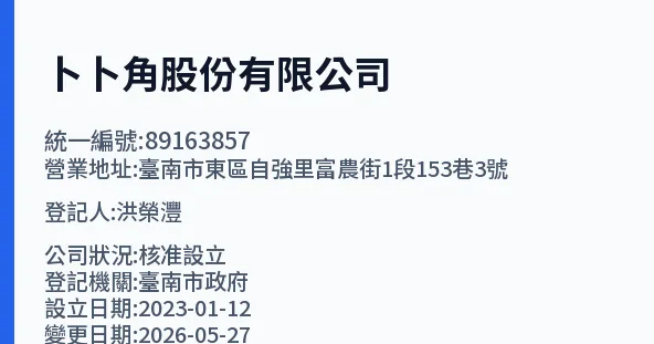 卜卜角股份有限公司的照片-統編 89163857(臺南市) 公司登記資料與營業項目詳細圖表