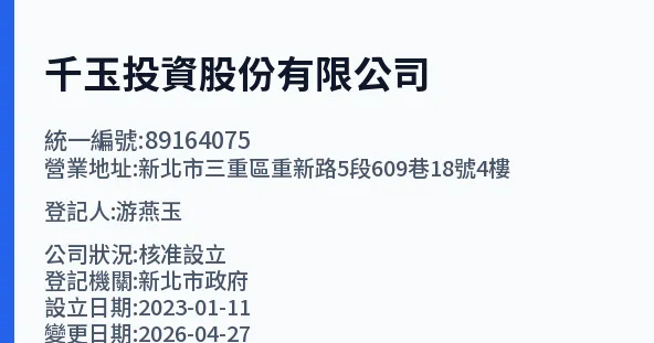 千玉投資股份有限公司的照片-統編 89164075(新北市) 公司登記資料與營業項目詳細圖表