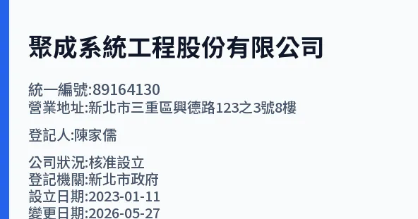 聚成系統工程股份有限公司的照片-統編 89164130(新北市) 公司登記資料與營業項目詳細圖表