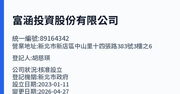 富涵投資股份有限公司的照片-統編 89164342(新北市) 公司登記資料與營業項目詳細圖表