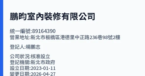 鵬昀室內裝修有限公司的照片-統編 89164390(新北市) 公司登記資料與營業項目詳細圖表