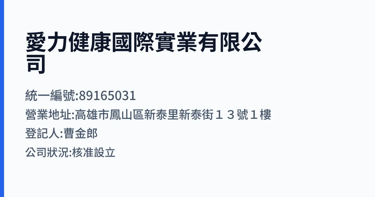 愛力健康國際實業有限公司 - 統編 89165031(高雄市) 公司登記資料與營業項目詳細圖表