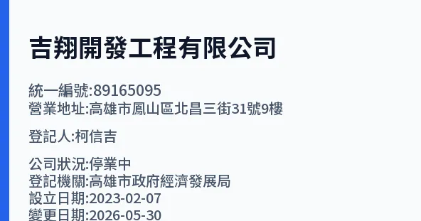 吉翔開發工程有限公司的照片-統編 89165095(高雄市) 公司登記資料與營業項目詳細圖表