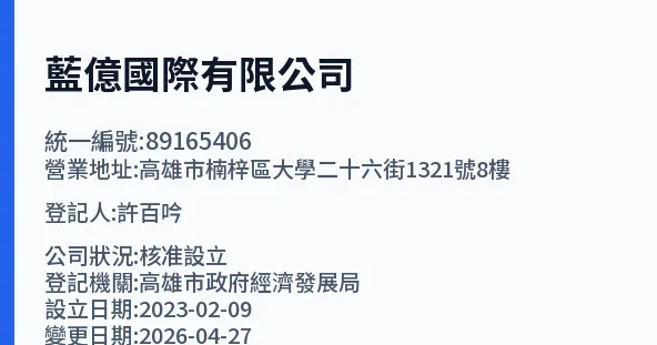 藍億國際有限公司的照片-統編 89165406(高雄市) 公司登記資料與營業項目詳細圖表