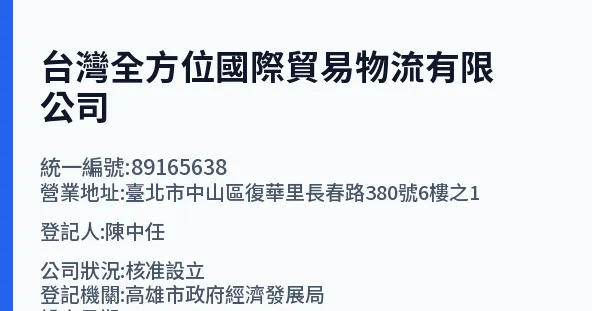 台灣全方位國際貿易物流有限公司的照片-統編 89165638(臺北市) 公司登記資料與營業項目詳細圖表
