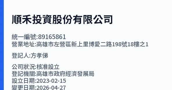順禾投資股份有限公司的照片-統編 89165861(高雄市) 公司登記資料與營業項目詳細圖表