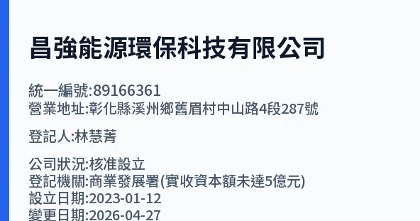 昌強能源環保科技有限公司的照片-統編 89166361(彰化縣) 公司登記資料與營業項目詳細圖表
