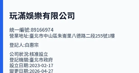 玩滿娛樂有限公司的照片-統編 89166974(臺北市) 公司登記資料與營業項目詳細圖表