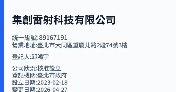 集創雷射科技有限公司的照片-統編 89167191(臺北市) 公司登記資料與營業項目詳細圖表