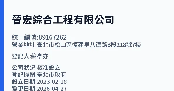 晉宏綜合工程有限公司的照片-統編 89167262(臺北市) 公司登記資料與營業項目詳細圖表