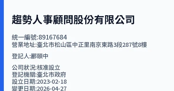 趨勢人事顧問股份有限公司的照片-統編 89167684(臺北市) 公司登記資料與營業項目詳細圖表