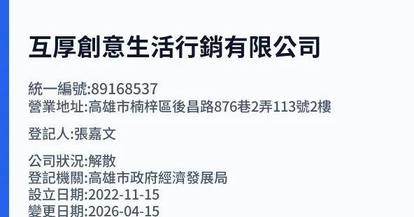 互厚創意生活行銷有限公司的照片-統編 89168537(高雄市) 公司登記資料與營業項目詳細圖表