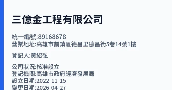 三億金工程有限公司的照片-統編 89168678(高雄市) 公司登記資料與營業項目詳細圖表