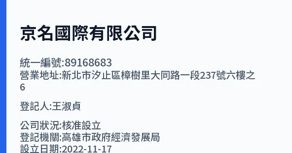 京名國際有限公司的照片-統編 89168683(新北市) 公司登記資料與營業項目詳細圖表