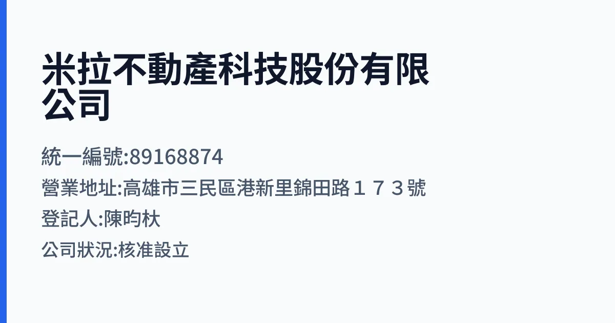 米拉不動產科技股份有限公司 - 統編 89168874(高雄市) 公司登記資料與營業項目詳細圖表