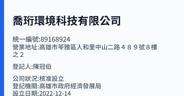 喬珩環境科技有限公司的照片-統編 89168924(高雄市) 公司登記資料與營業項目詳細圖表