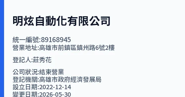 明炫自動化有限公司的照片-統編 89168945(高雄市) 公司登記資料與營業項目詳細圖表