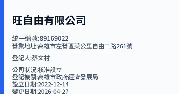 旺自由有限公司的照片-統編 89169022(高雄市) 公司登記資料與營業項目詳細圖表