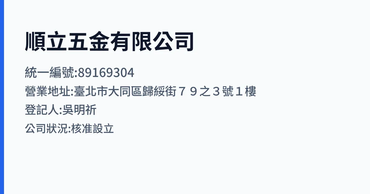 順立五金有限公司 - 統編 89169304(臺北市) 公司登記資料與營業項目詳細圖表